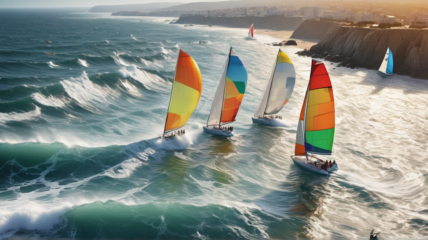 Bird's-eye, The sea with waves, surfers ride the waves, seagulls fly ...