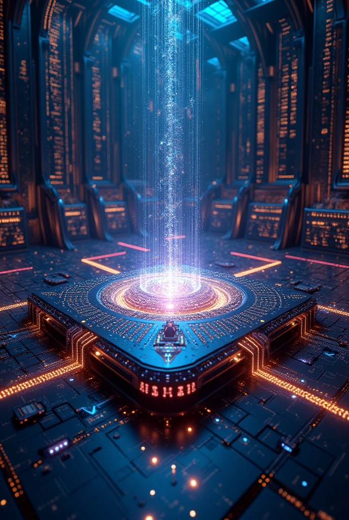 "A stylized, futuristic quantum computer at the center of a dark ...