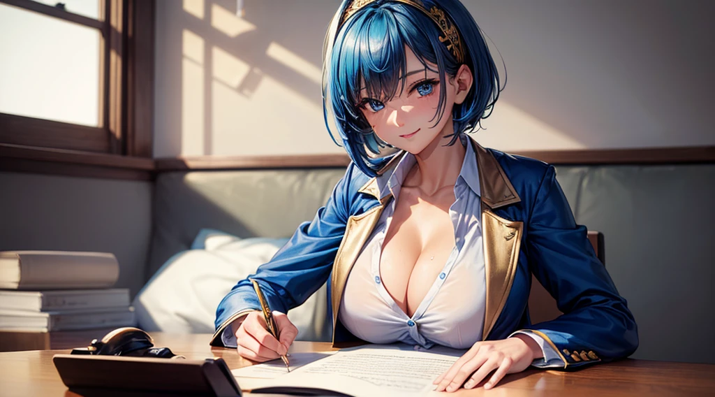 1girl, office, table, screen, writing, papers, books, blue hair - SeaArt AI