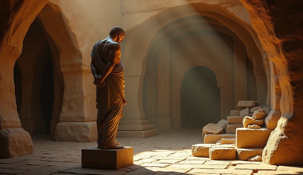 Statue of a philosopher figure standing with one foot on a stone block ...