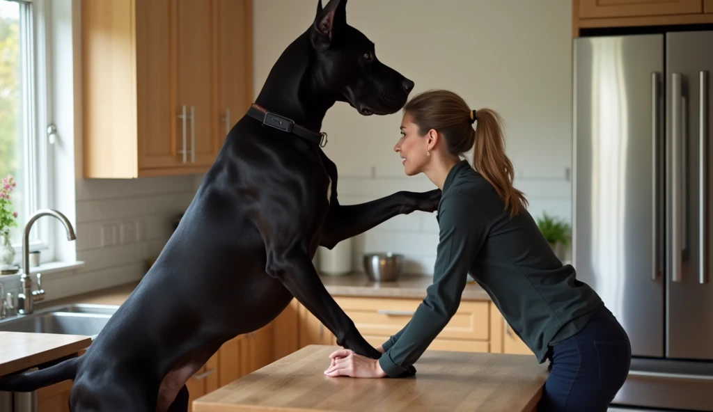 A tall black great dane german breed dog Zeus standing and lifting his ...