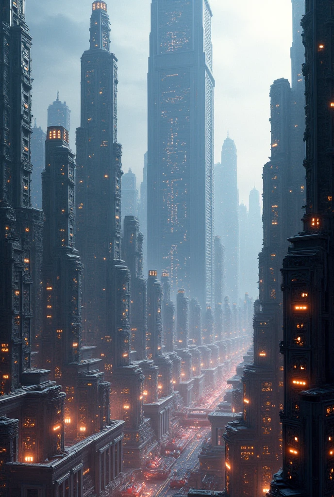 A hyper-advanced city with a massive Al core tower in the center ...