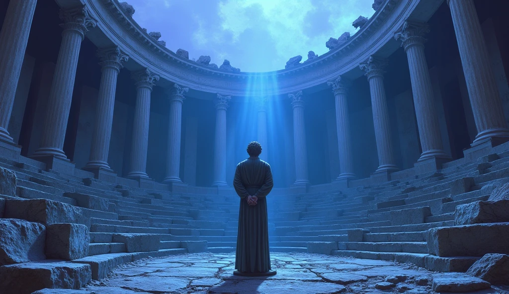 Lonely philosopher statue at the center of a broken amphitheater ...
