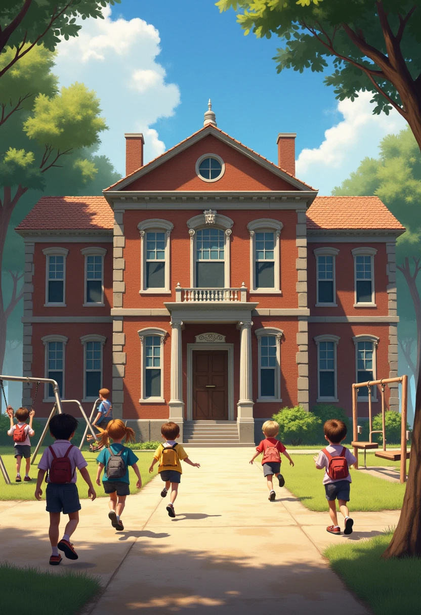 Create help me picture an old elementary school with students playing - SeaArt AI