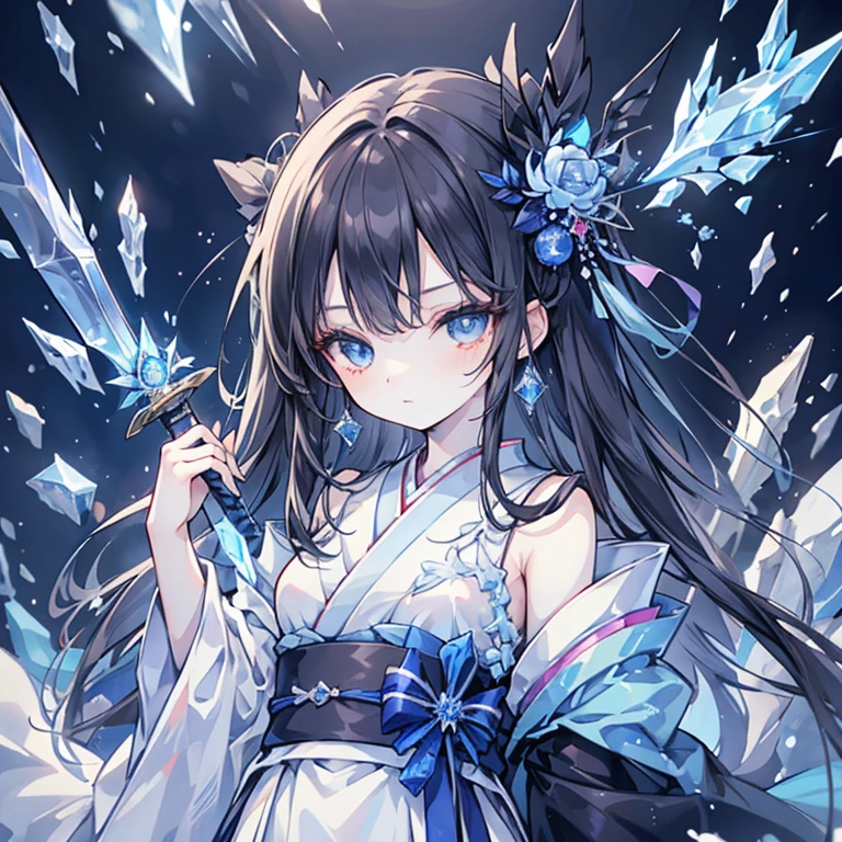 Chibi Characters、Dignified Girl, A light blue Japanese sword shaped ...