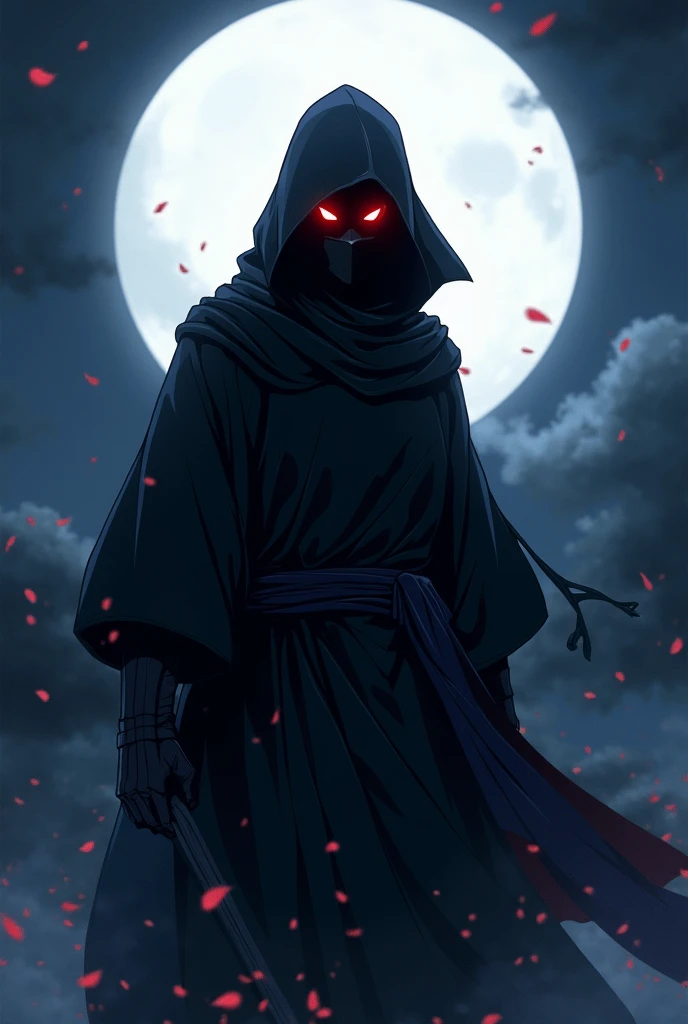Create an anime-style image of a ninja wearing black robes and red eyes ...