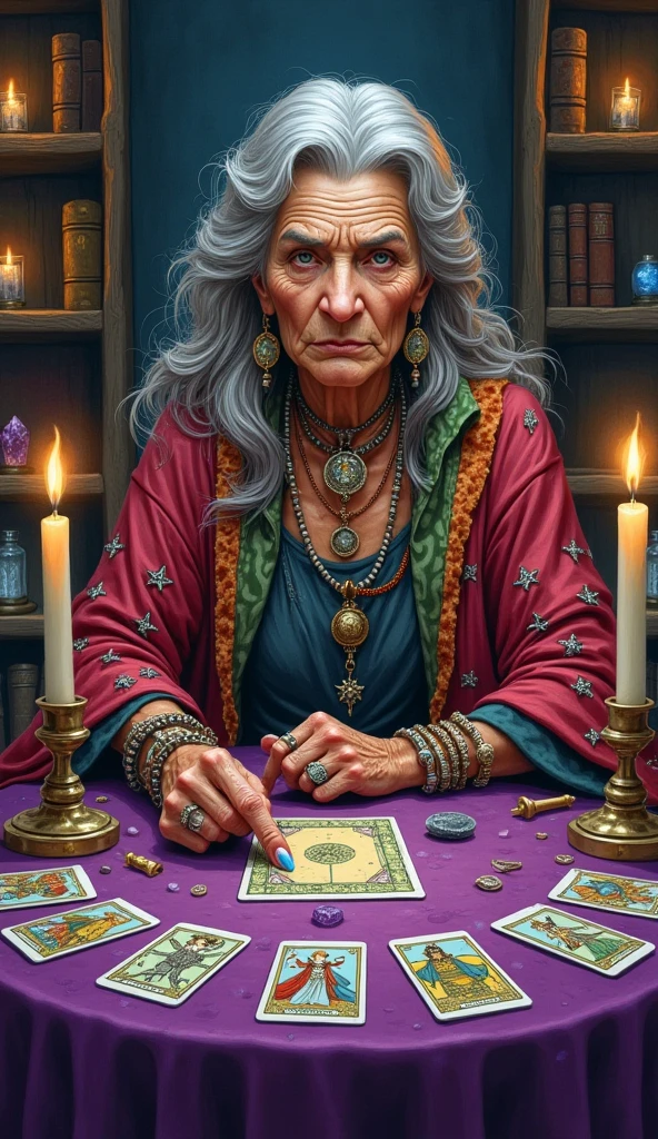 "A detailed drawing of an elderly fortune teller at her workspace ...