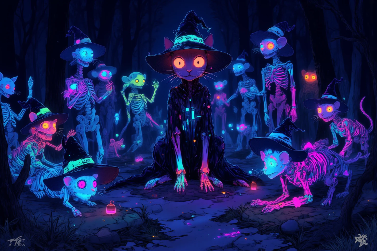 Skeleton Cats, Surrounded by Ethereal Cats, mystical atmosphere - SeaArt AI