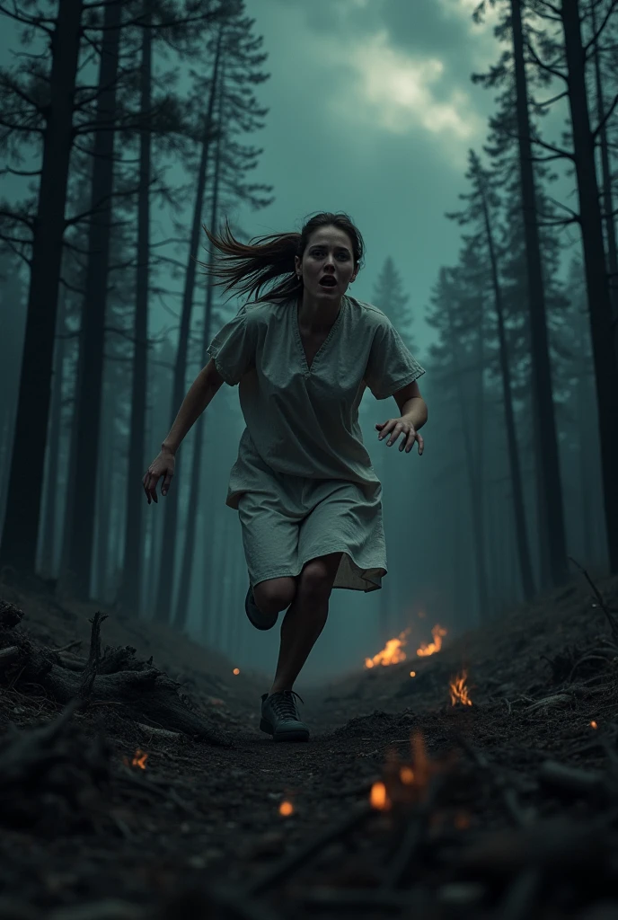 A panicked woman dressed in a hospital gown, running around in a ...