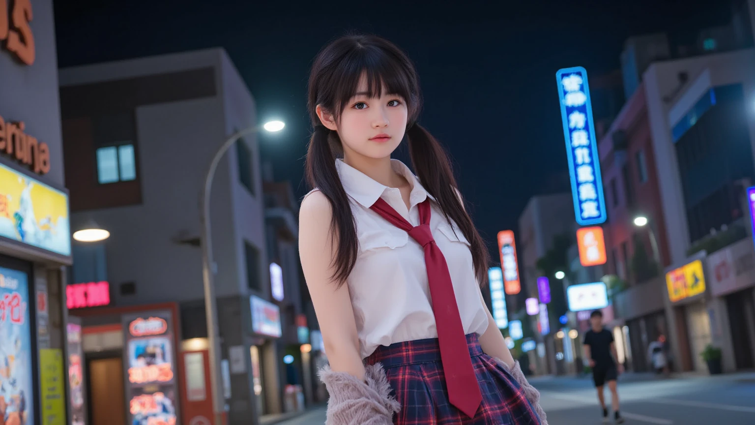 A young high school girl standing under the neon lights of the night ...