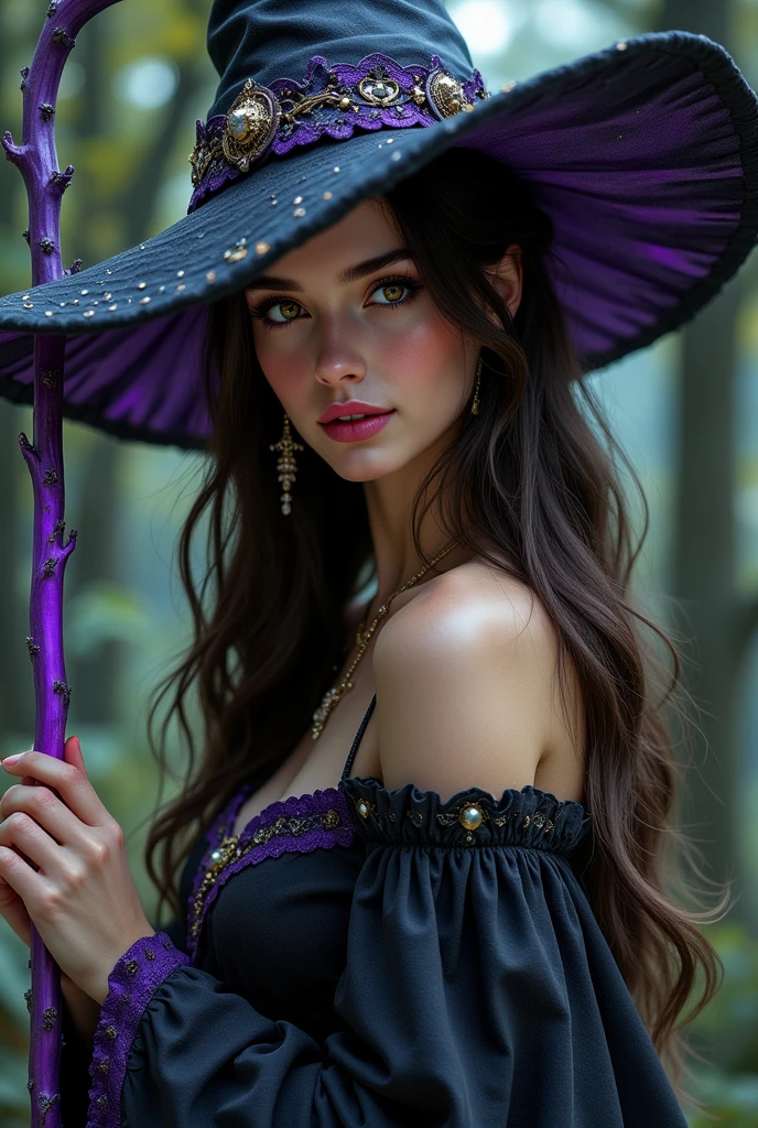 Hyperrealism, medieval fantasy, witch robes, witch hat, purple wand ...
