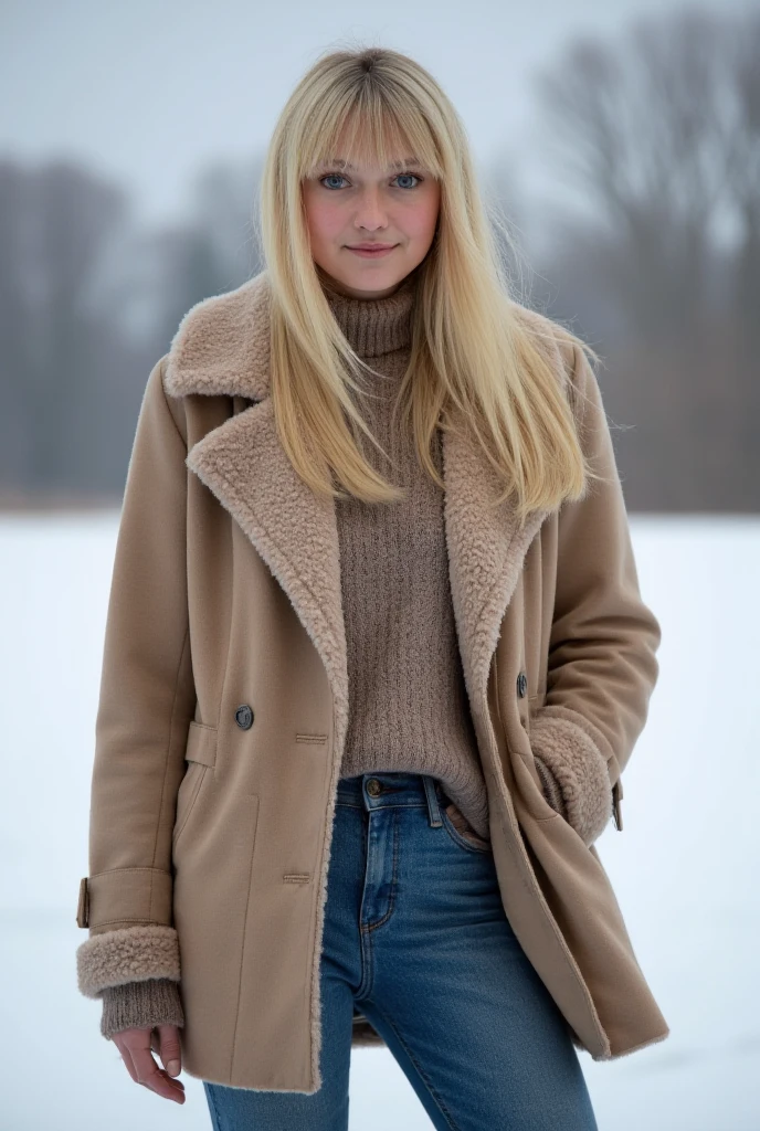 Dakota Fanning,long blonde hair with bangs, winter jacket, turtleneck ...