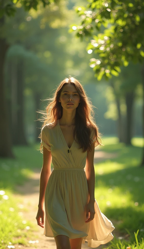 A quiet moment outside, a woman walking slowly through a leafy park ...