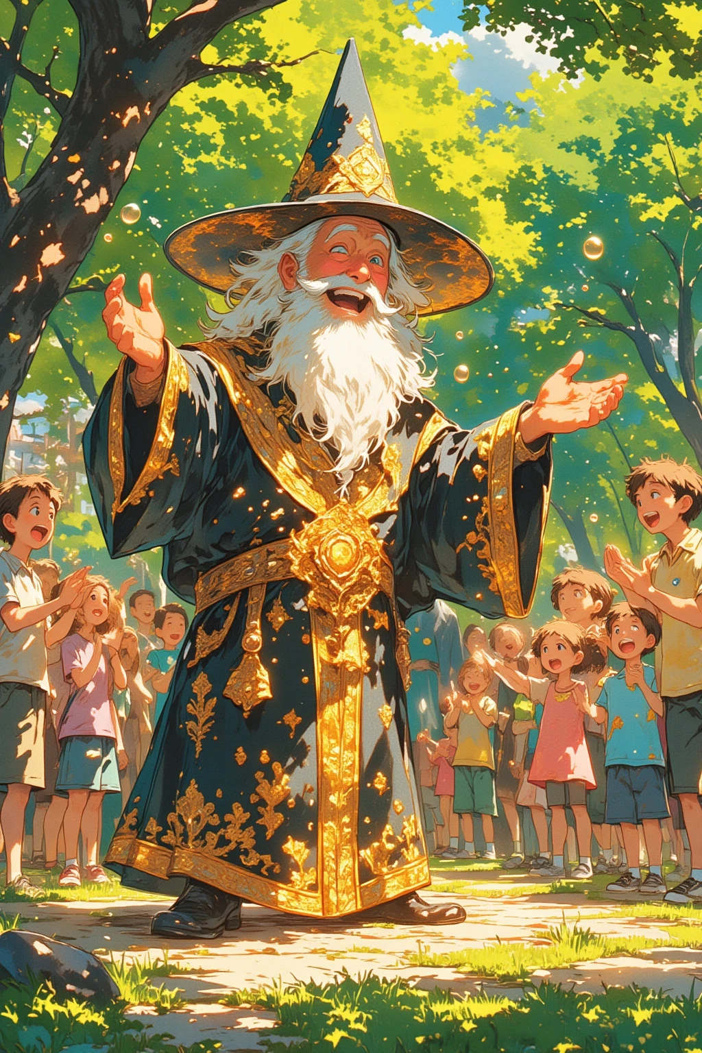 A cheerful elderly man in an elaborate wizard costume with glowing ...