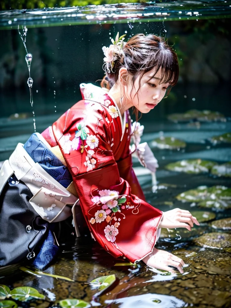 Realistic, furisode, hakama, long hakama, floral kimono, wet clothes ...
