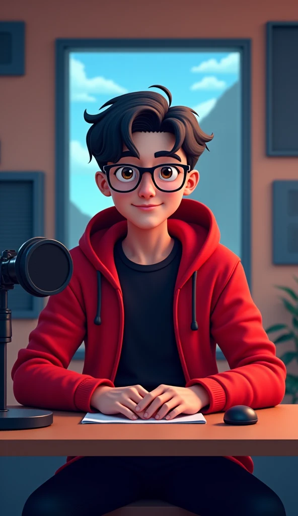 Behind a table, the character is wearing a black shirt and a red hoodie ...