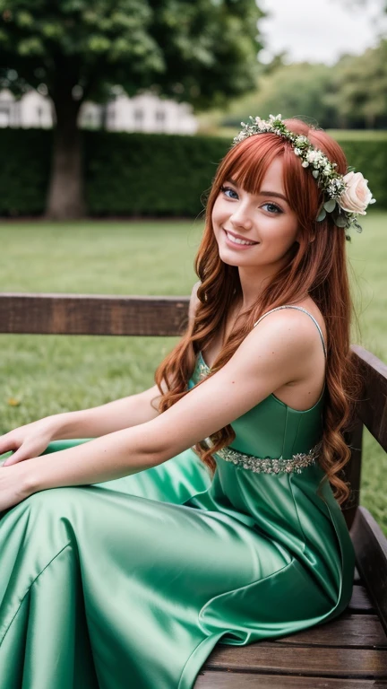 Realistic full body photo one red haired flower girl with long hair ...