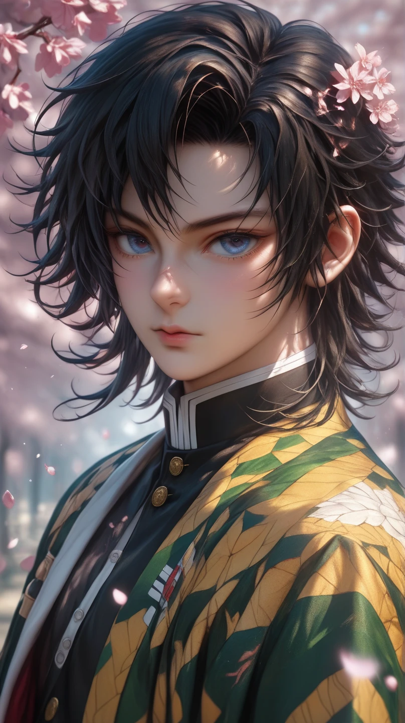 A hyper-realistic, cinematic portrait of Giyu Tomioka from Demon Slayer ...