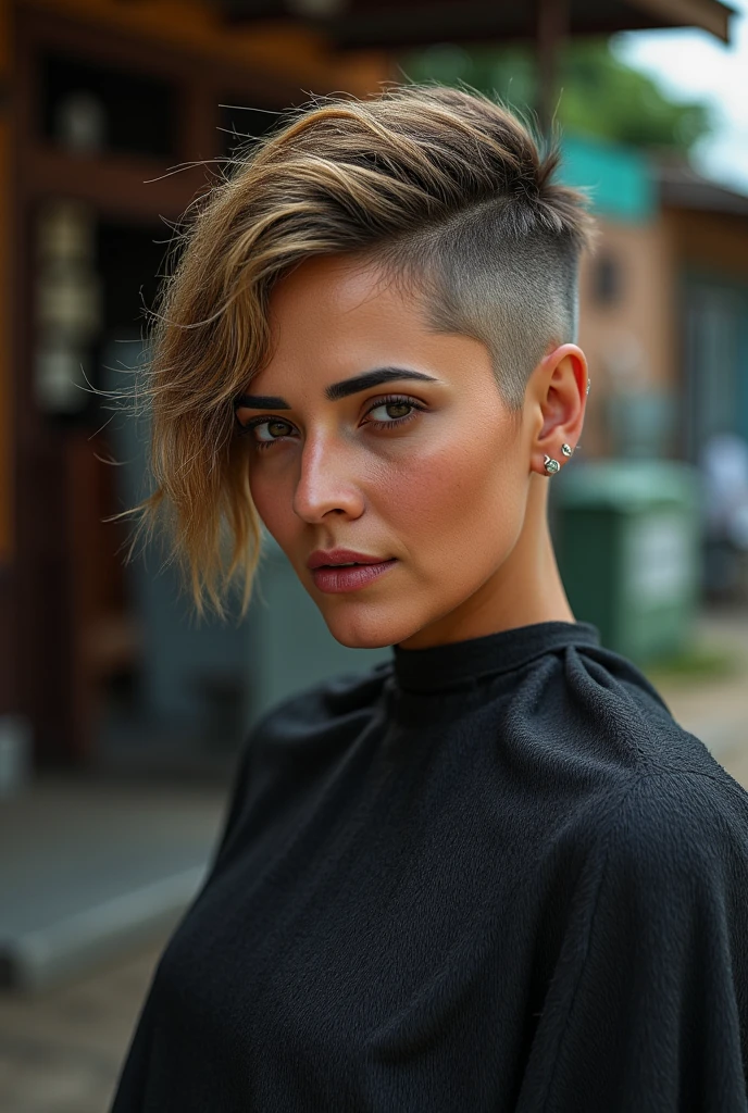 Lady with Short buzzed haircut on roadside barber with cape around neck ...