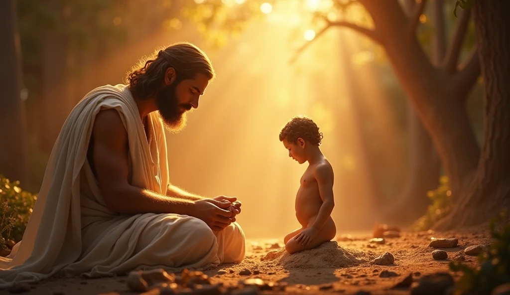 God creates Adam" prompt: Divine figure molding a man out of clay with ...