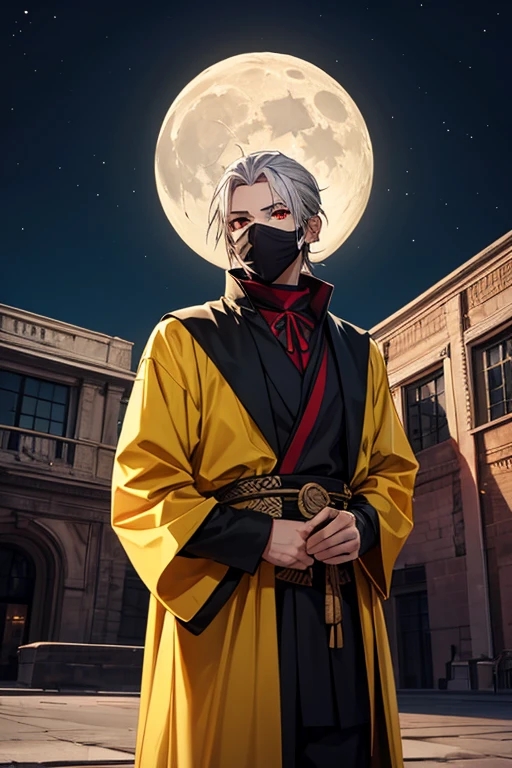 Assassin in ninja mask, gray hair, gray complexion, red eyes - SeaArt AI