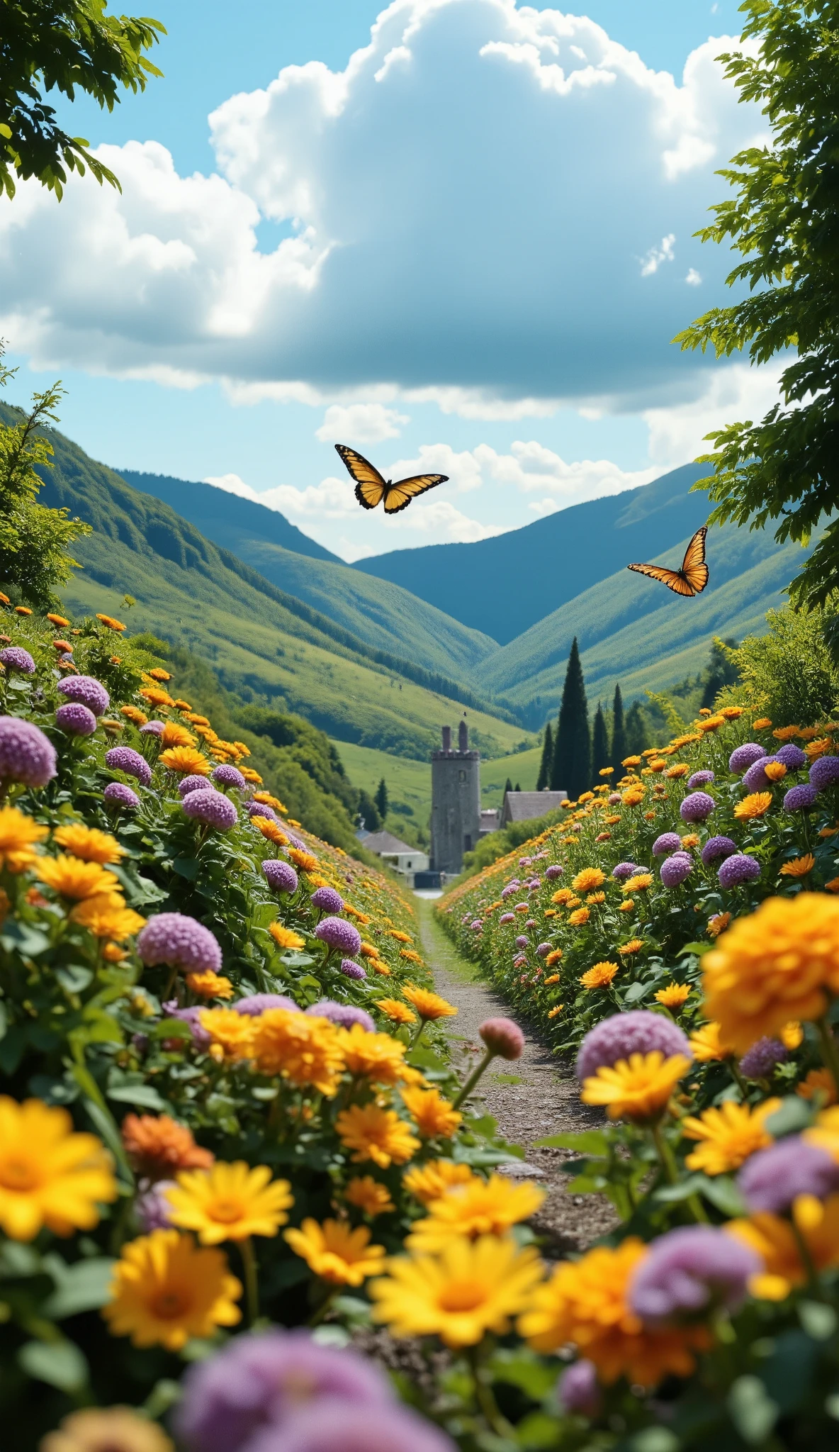 High-definition video、butterfly garden in an idyllic hilly area - SeaArt AI
