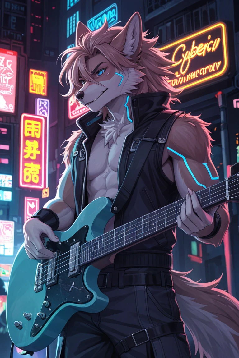 Anthro wolf woman play electric guitar in a cyberpunk city - SeaArt AI