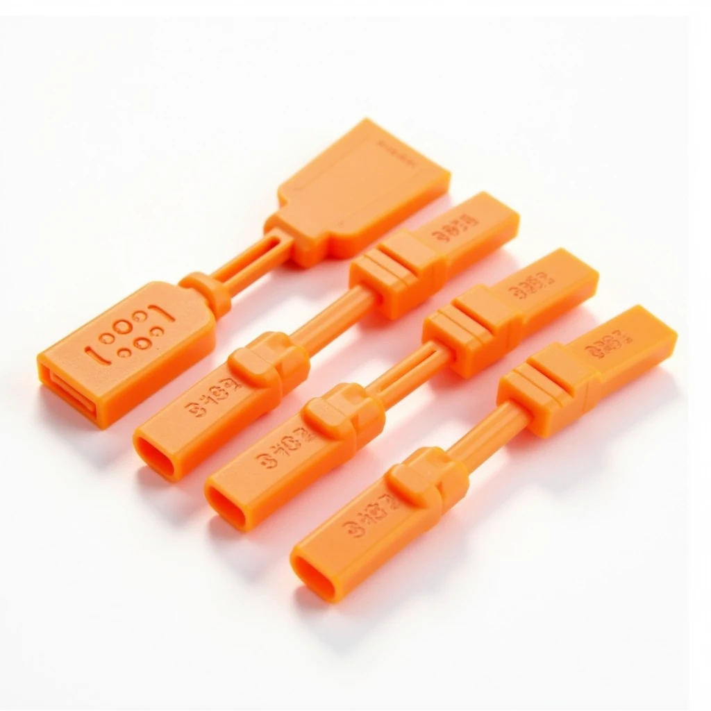 prompt": "Several orange WE brand cable security seals - SeaArt AI