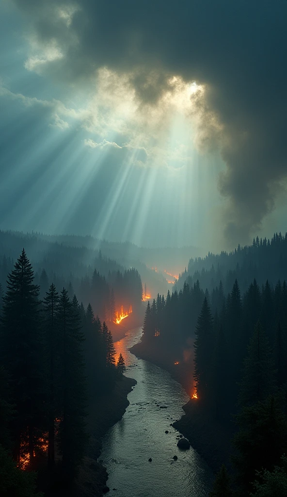 A cinematic, ultra-realistic wide shot of a massive forest wildfire ...