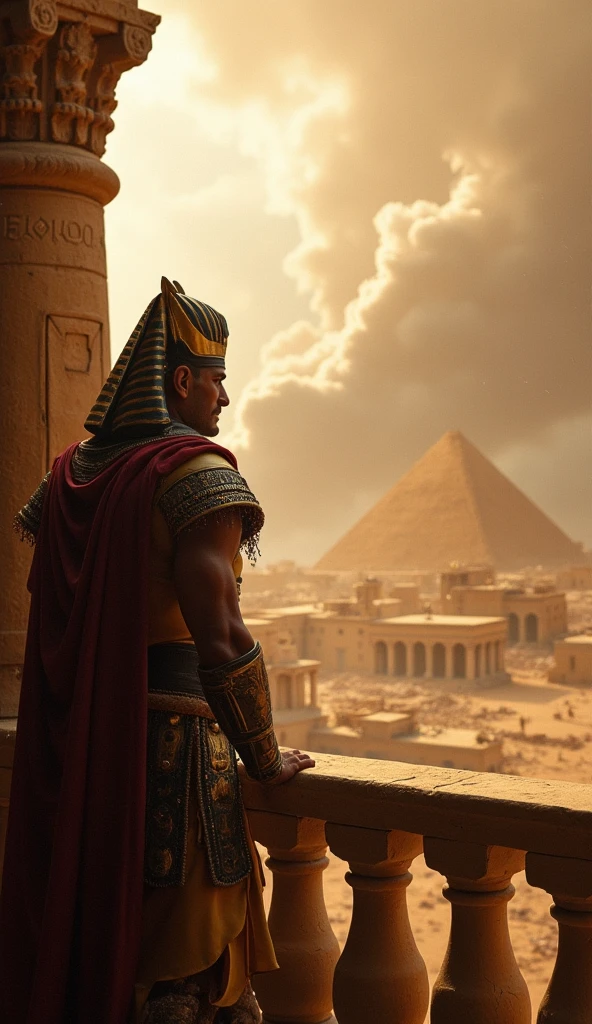 "Epic scene showing Pharaoh watching from his palace balcony as massive ...