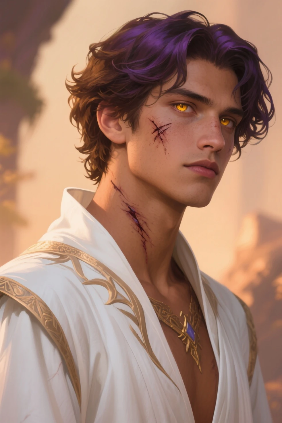 Male, 20s, olive brown skin, wavy short dark violet hair, golden eyes ...