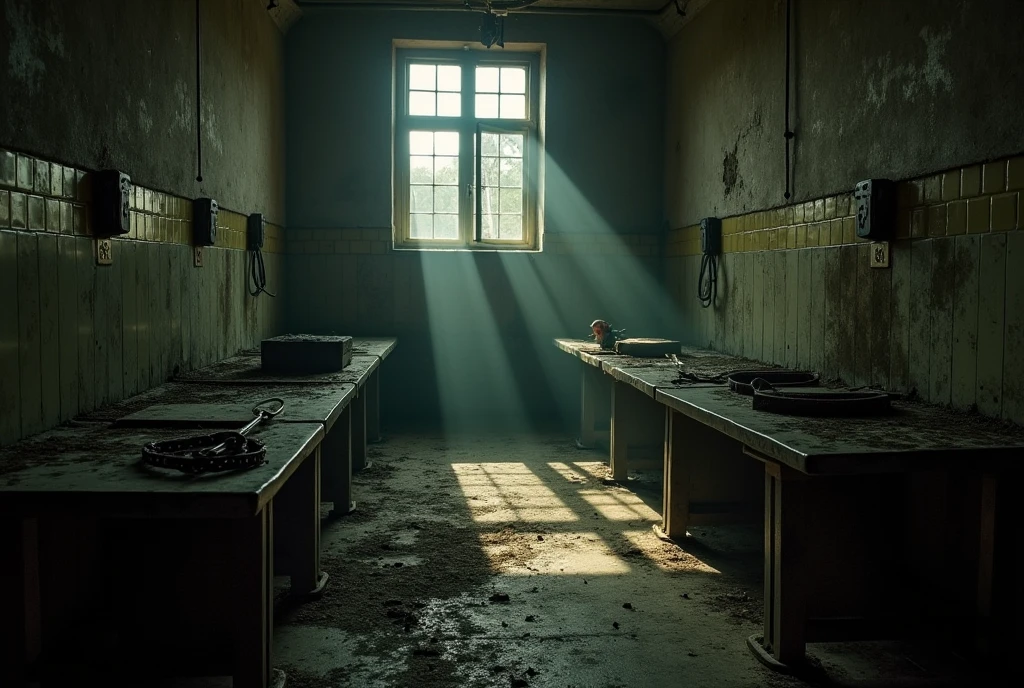 "Dark, cinematic World War II scene, inside Dachau concentration camp ...
