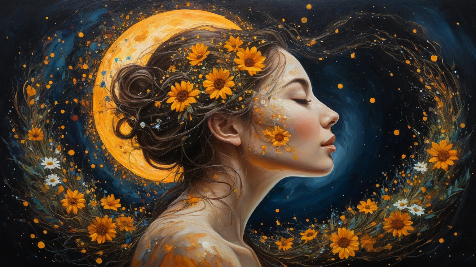 A woman merging with the earth as flowers grow from her skin under a ...
