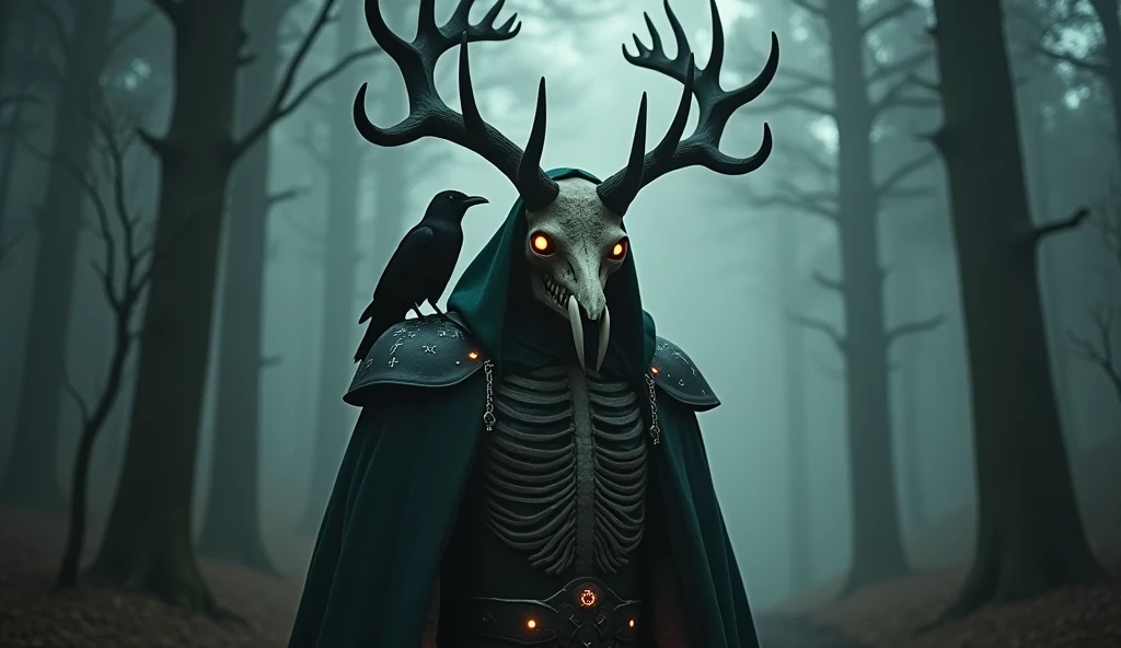 Dark, misty ancient forest with towering shadowy trees, thick fog ...