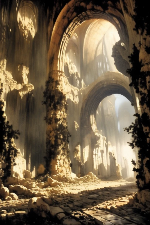 A castle deep inside a huge mountain cave which is overgrown with moss ...