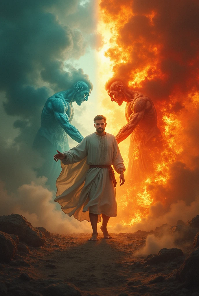 Create for me a picture of a man standing in the middle. His right side has the - SeaArt AI