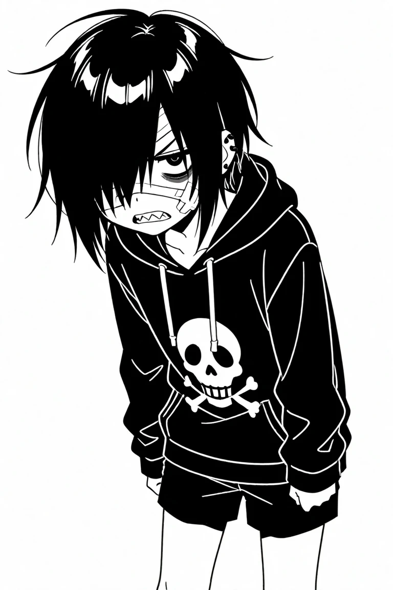 Emo , hair covering one eye, bags under eyes, angry, sharp teeth ...