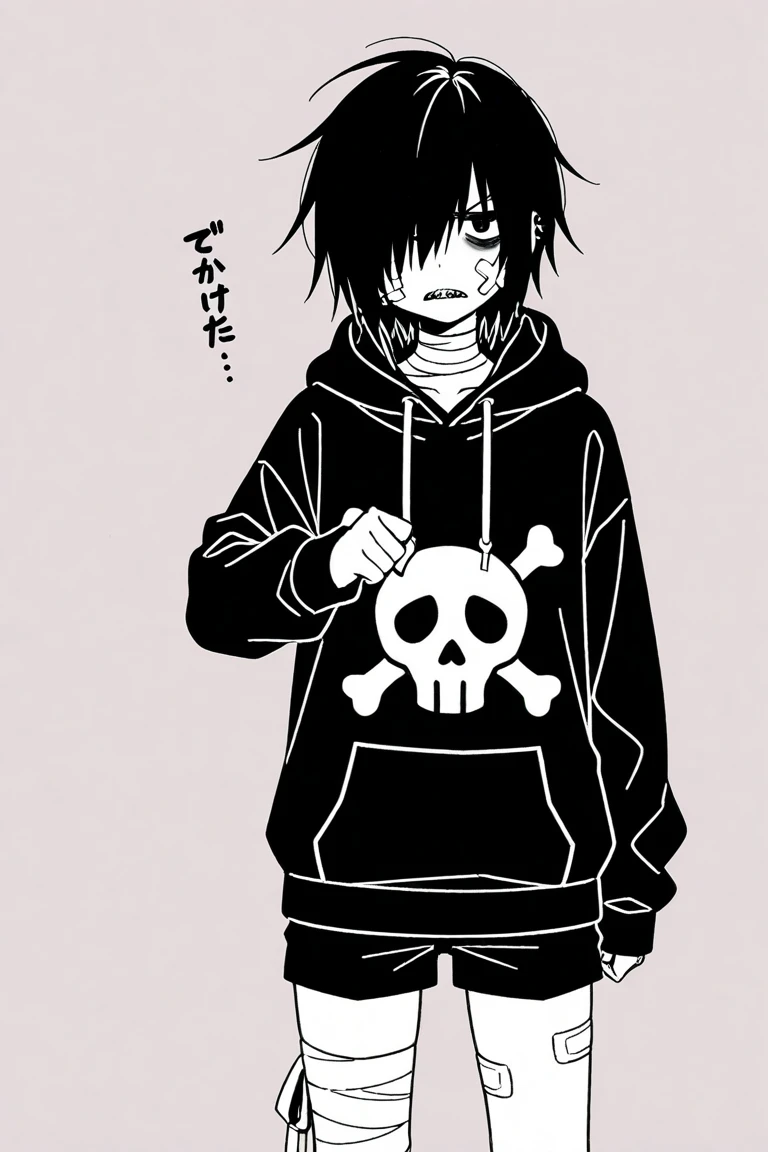 Emo , hair covering one eye, bags under eyes, angry, sharp teeth ...