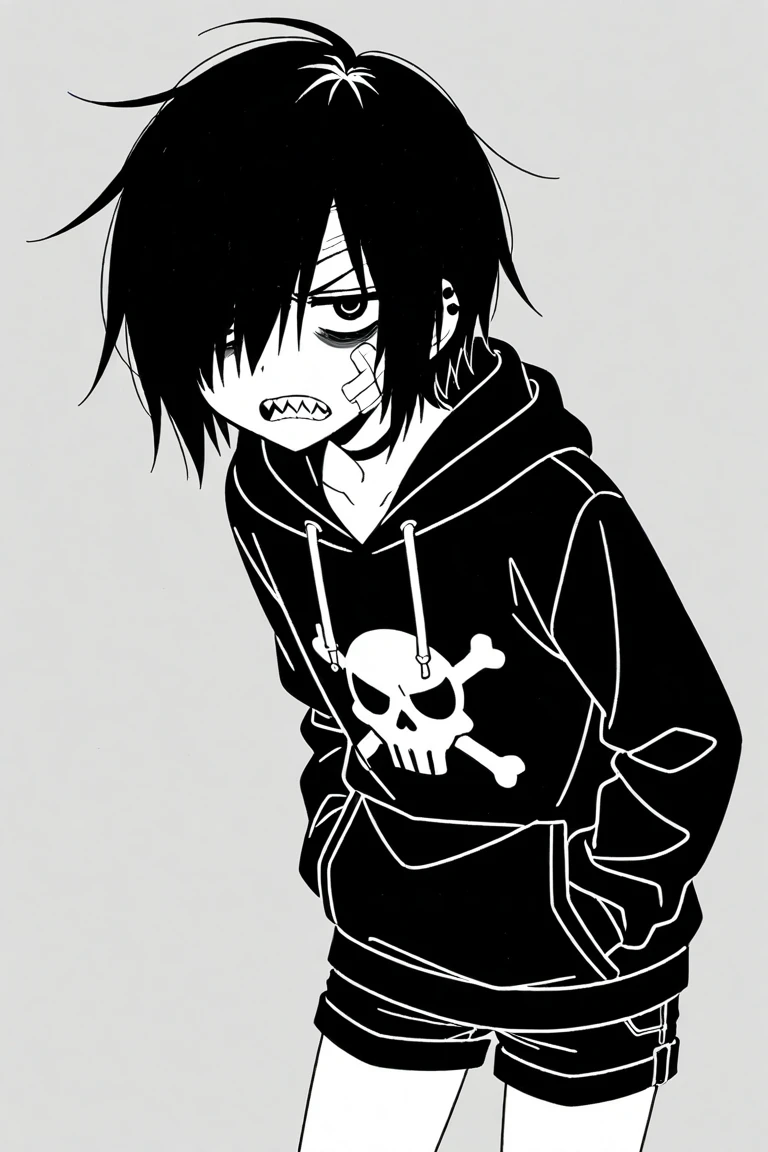 Emo , hair covering one eye, bags under eyes, angry, sharp teeth ...