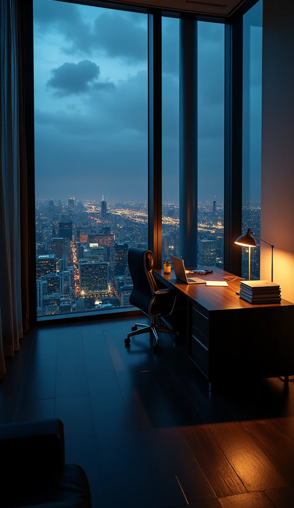 A sophisticated nighttime office setup, captured from a low, intimate ...