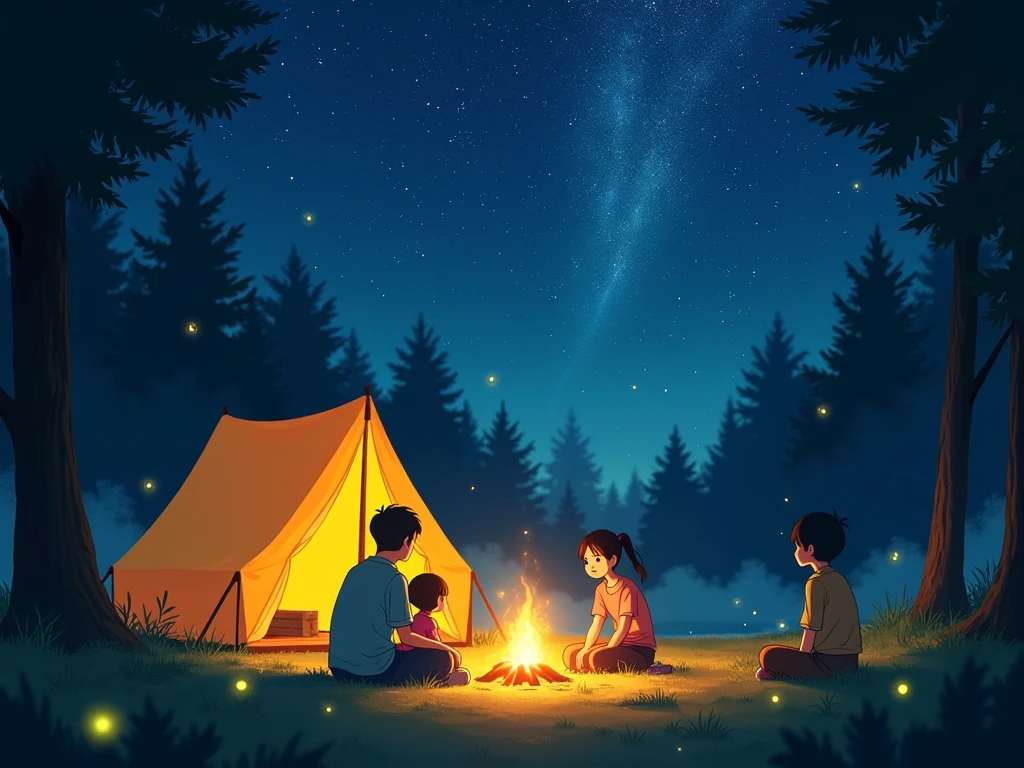 "A magical anime-style camping scene at night: a warm family of four ...