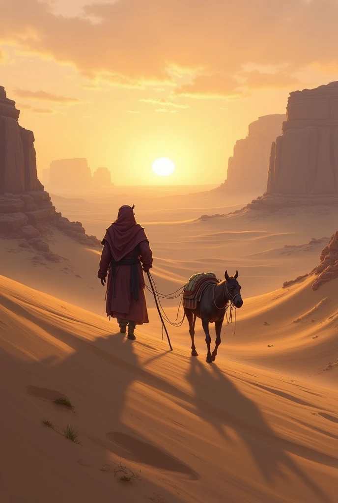 The merchant leading the mule away at sunrise, walking alone across the ...