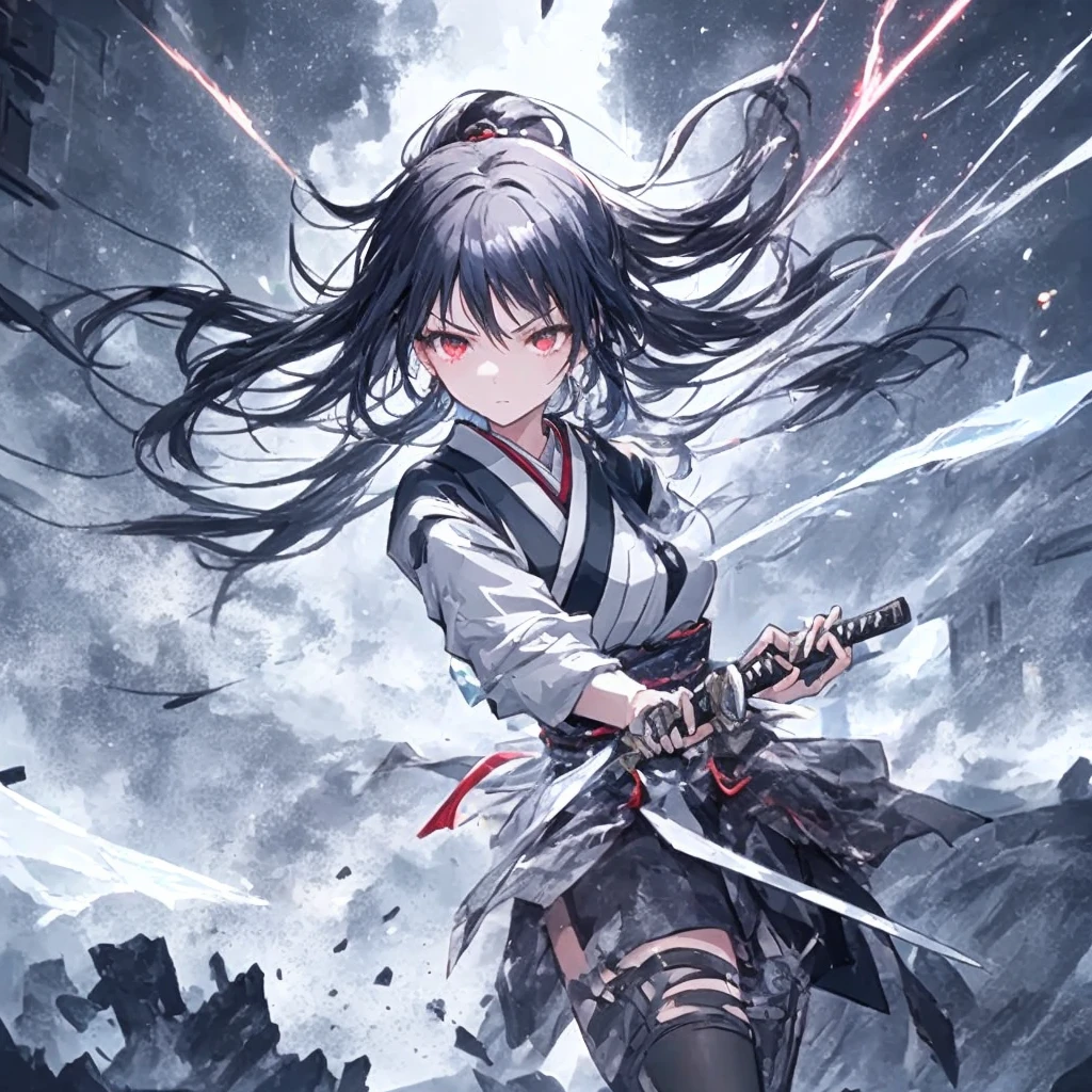 A dynamic action scene featuring a young girl wielding a traditional ...