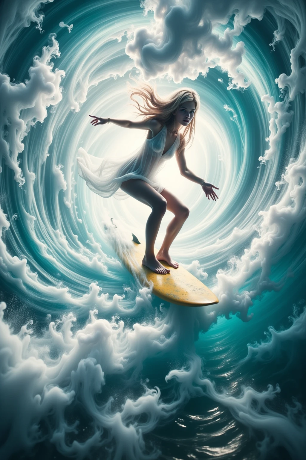 Upward view, magnificent,상방향 뷰,Woman balancing on surfboard in low ...