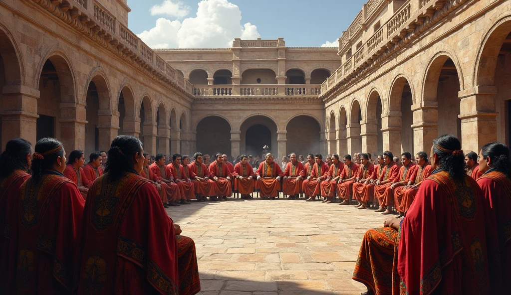 Meeting of wise men and Inca officials, dressed in colored tunics ...