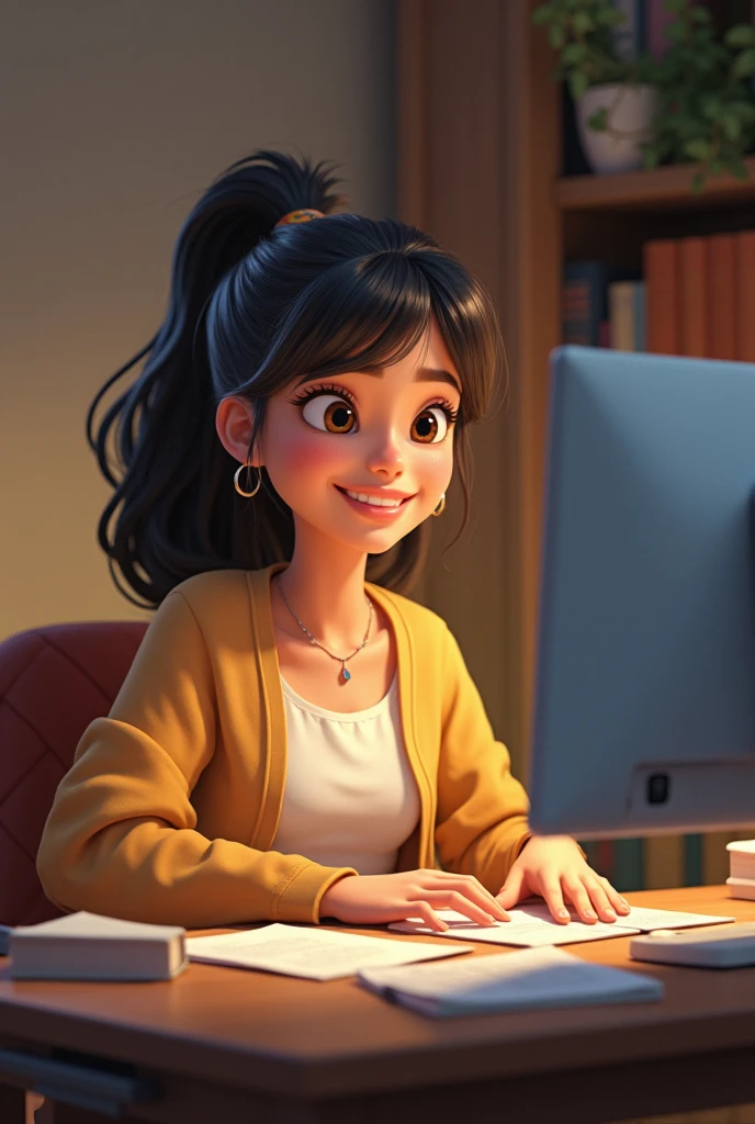 Happy person studying, with books and a computer screen showing English ...