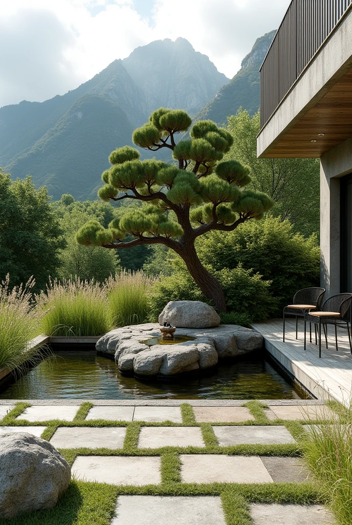 A hyper-realistic photograph of a residential terrace with small stone ...