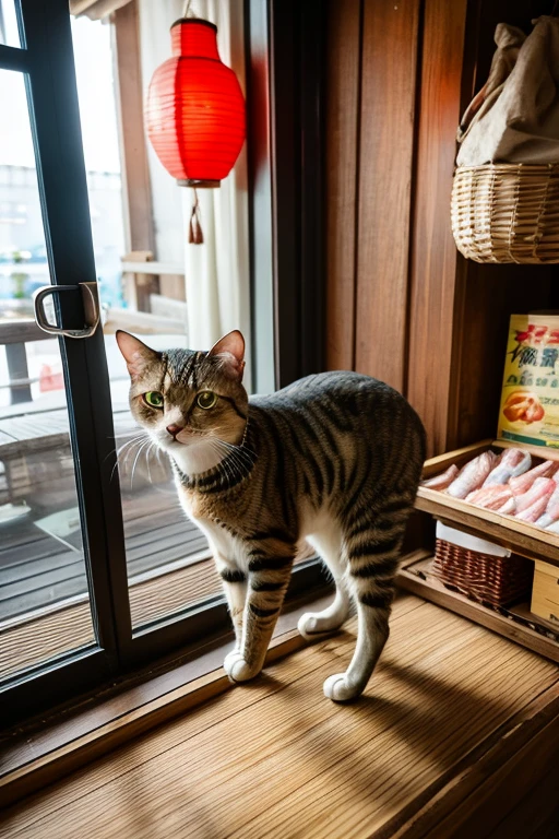 A photorealistic Tabby cat stands on its hind legs inside a traditional ...