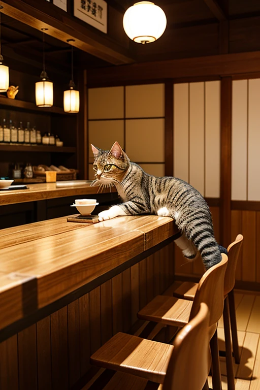 A photorealistic Tabby cat sits squarely on a polished hinoki wood ...