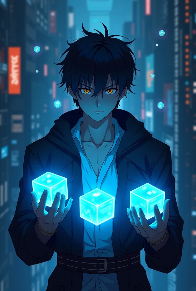 Anime-style male warrior with short messy hair standing in a dark ...